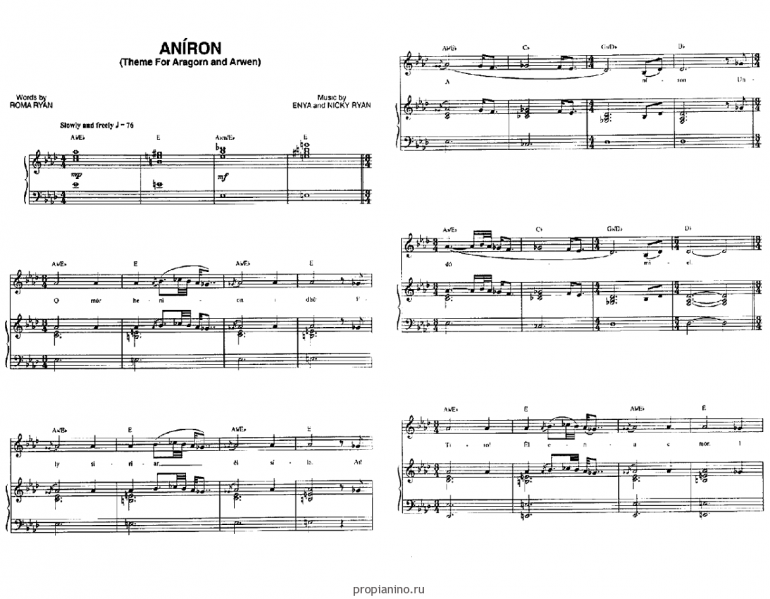 Ноты "Aniron" из кинотрилогии "Властелин колец"